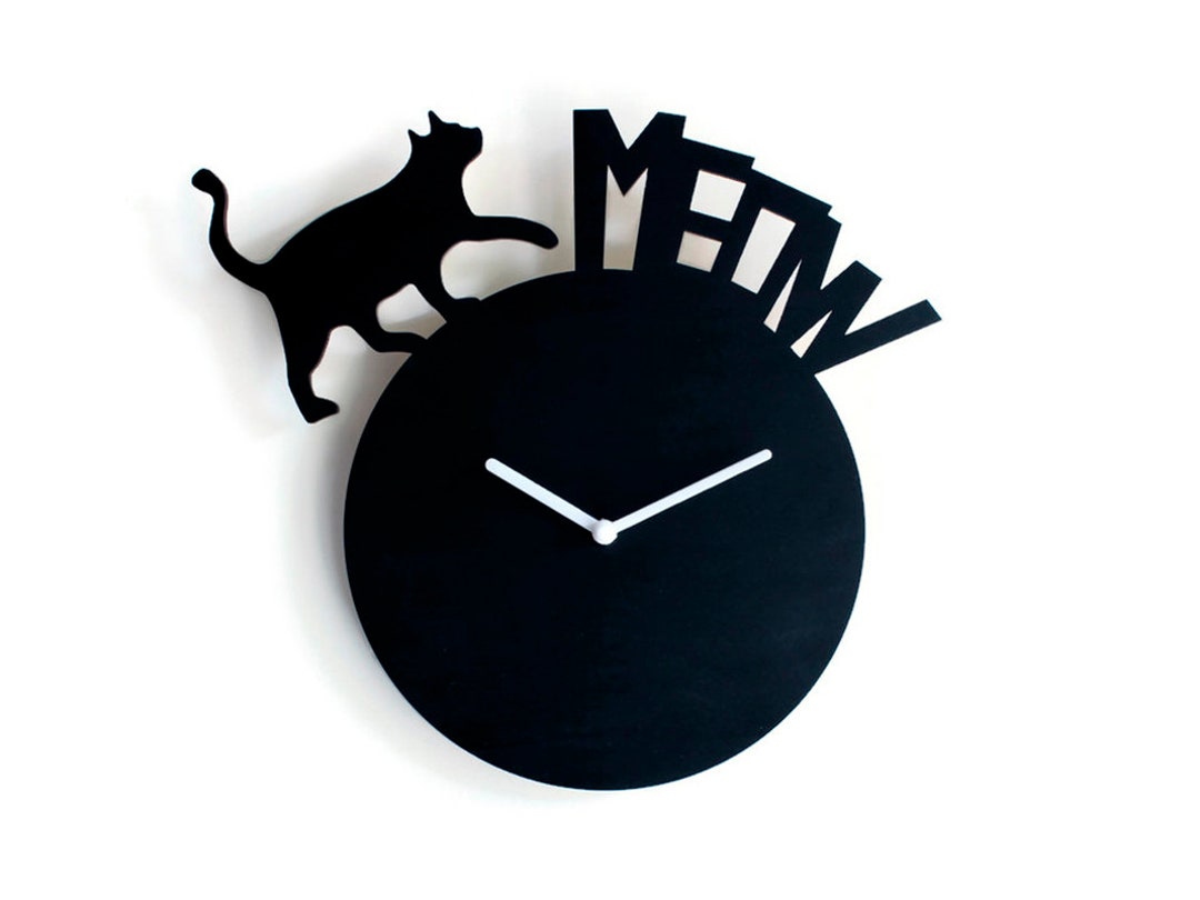 11 Meow Laser Cut Wood Farmhouse Wall Clock Black Cat-shaped Design for ...