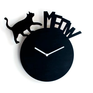 11 Meow Laser Cut Wood Farmhouse Wall Clock Black Cat-shaped Design for ...