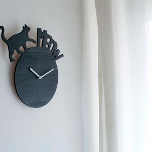 11 Meow Laser Cut Wood Farmhouse Wall Clock Black Cat-shaped Design for ...