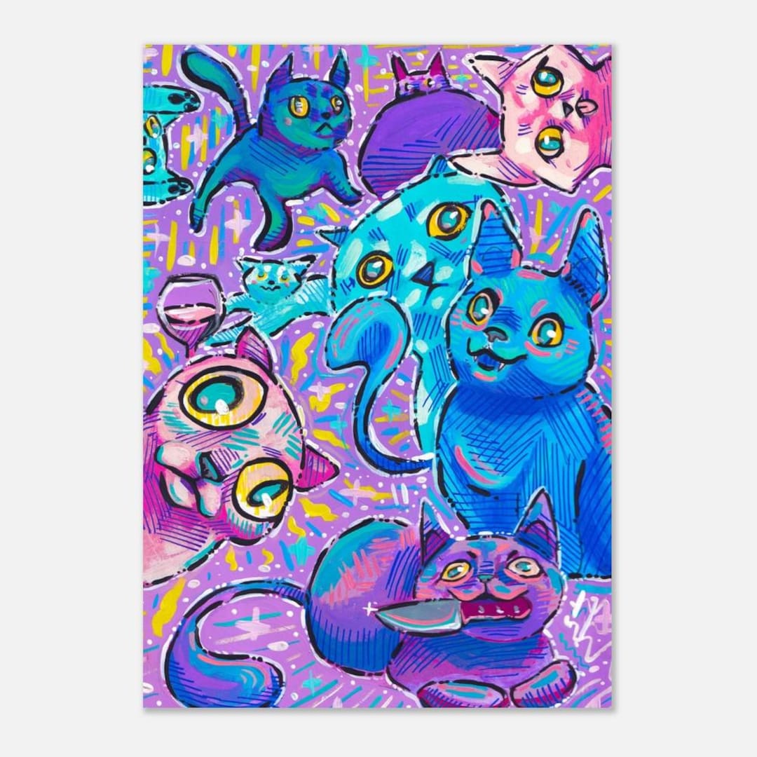 Cute Cat Memes Illustration Art Print | Vibrant Fine Art Poster - Etsy
