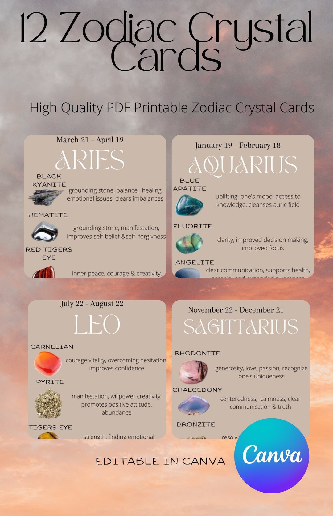 Zodiac Crystal Card- Template | Crystal Meaning Cards | Zodiac Crystals ...