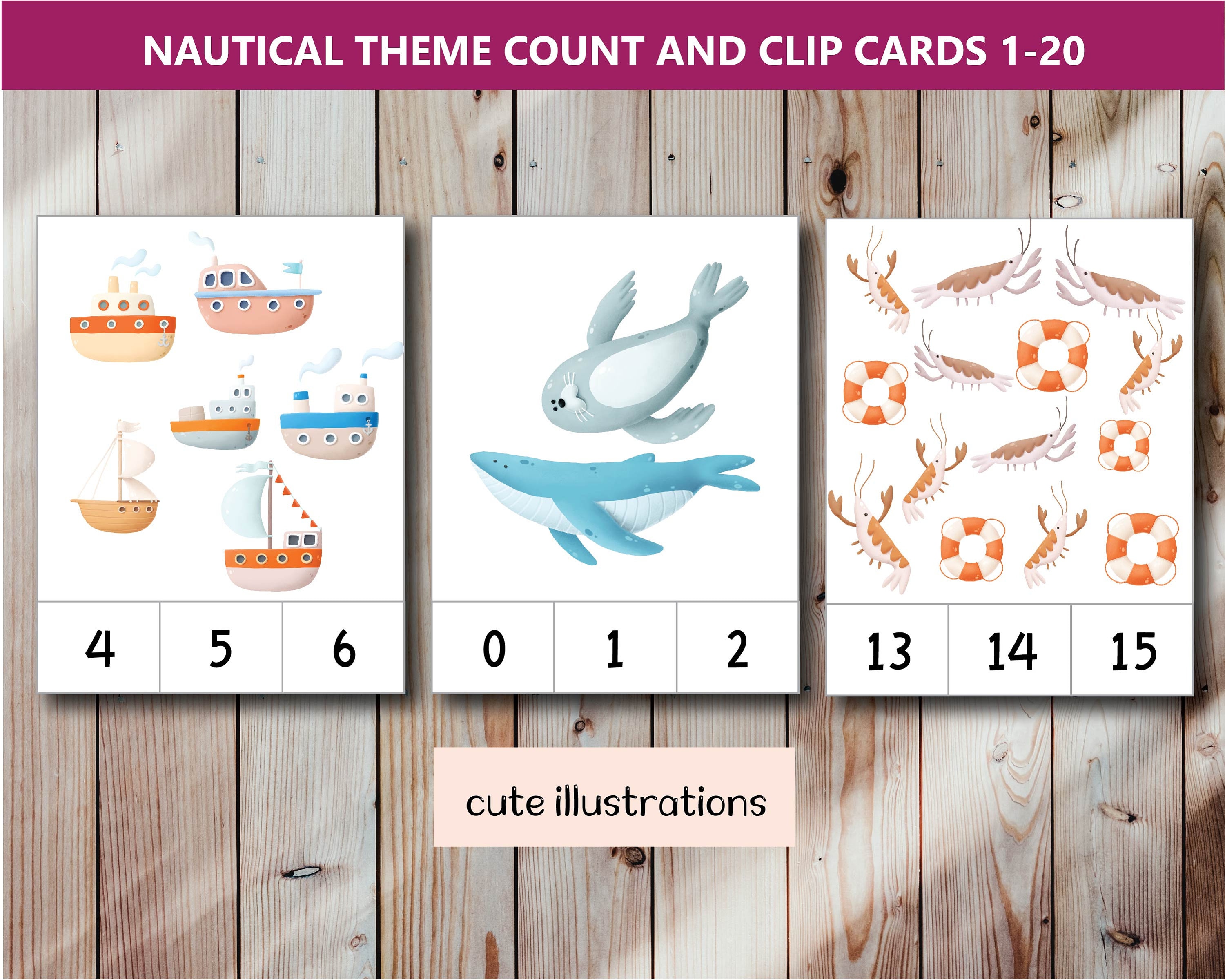 Count and Clip Cards Nautical Theme Number Recognition 1-20 Flashcards ...