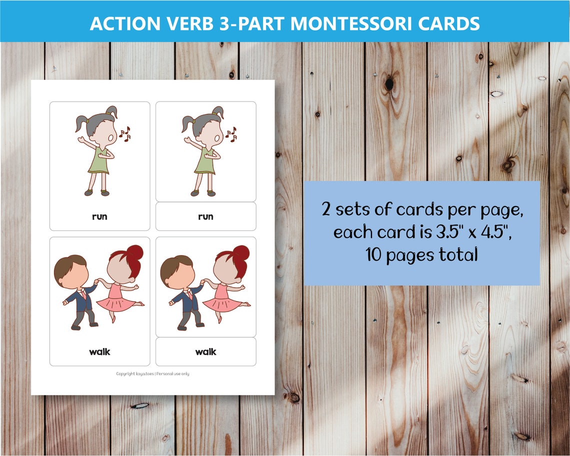Action Verbs 3-part Montessori Cards 20 Printable Flashcards - Etsy