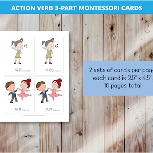 Chinese Action Verbs 3-part Montessori Cards, 20 Printable Chinese ...