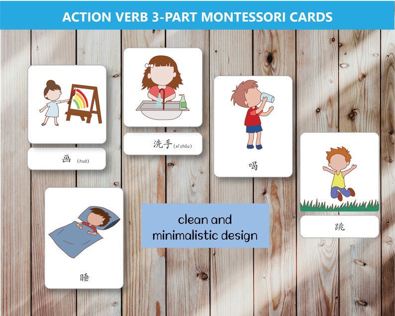 Chinese Action Verbs 3-part Montessori Cards, 20 Printable Chinese ...