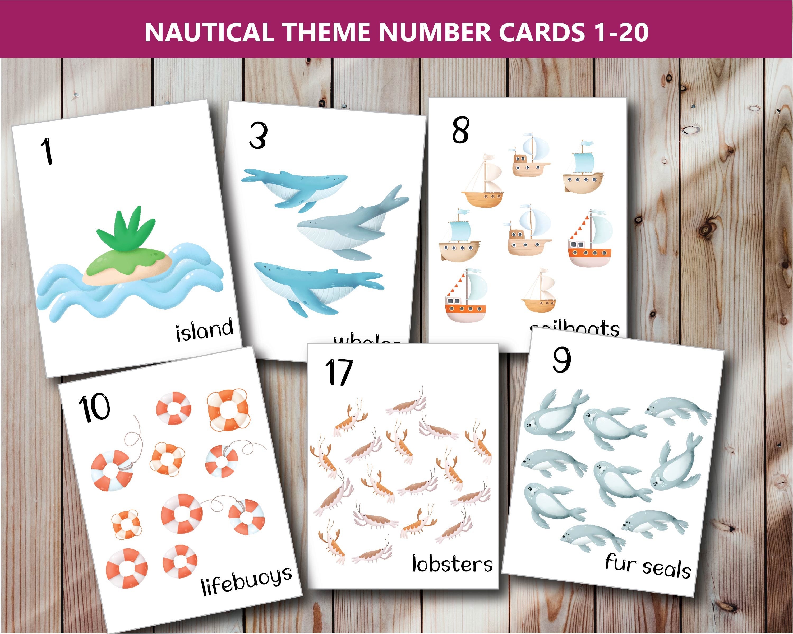 Number Flashcards 1-20 Nautical Sea Theme Number Recognition 1-20 ...