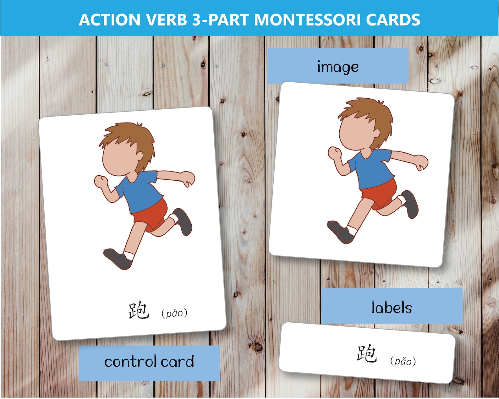 Chinese Action Verbs 3-part Montessori Cards, 20 Printable Chinese ...