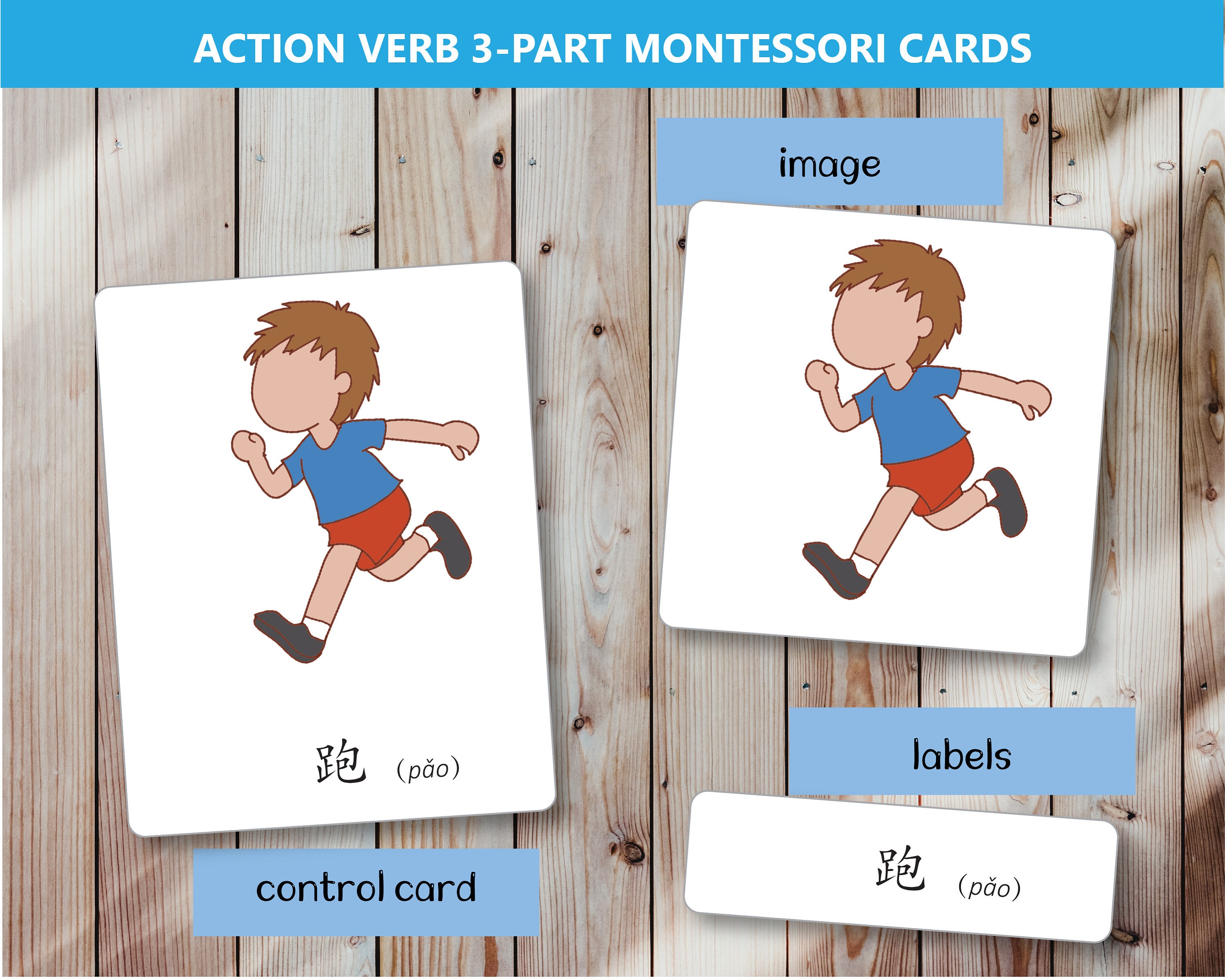 Chinese Action Verbs 3-part Montessori Cards, 20 Printable Chinese ...