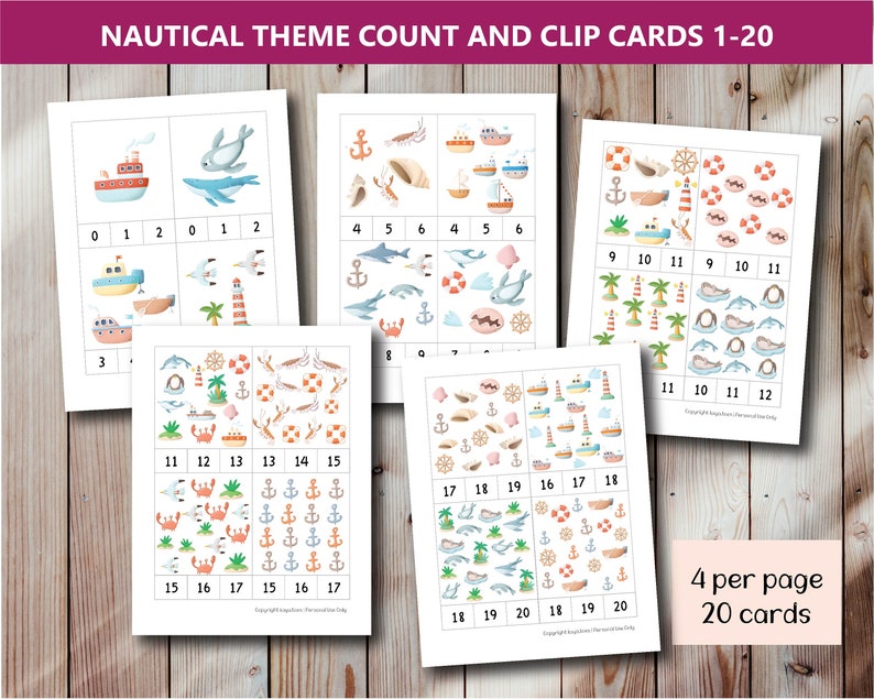 Count and Clip Cards Nautical Theme Number Recognition 1-20 Flashcards ...