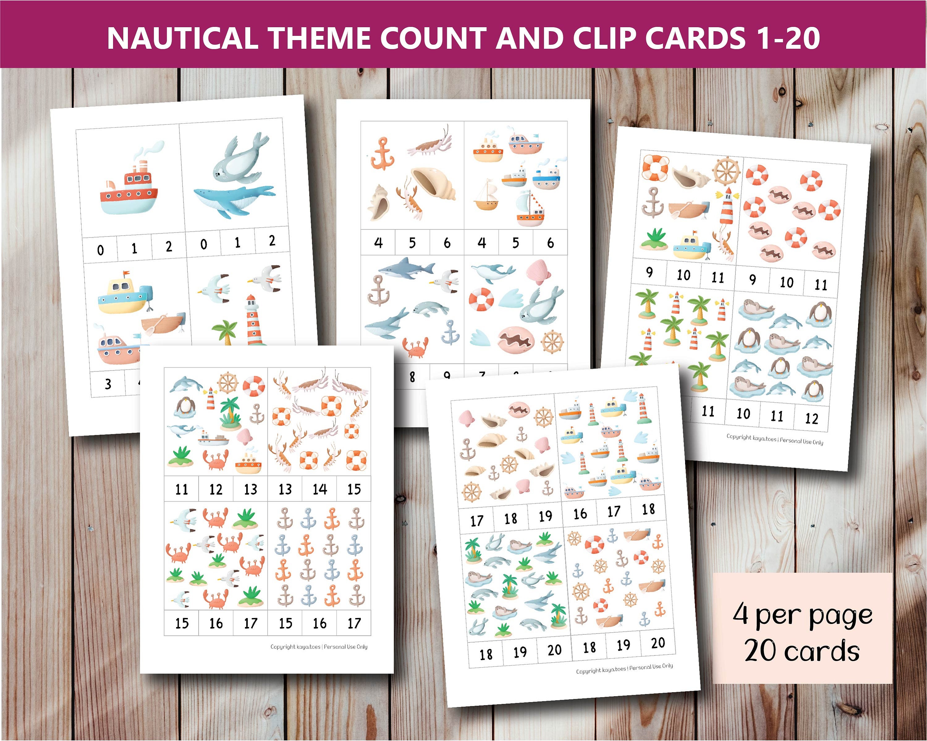 Count and Clip Cards Nautical Theme Number Recognition 1-20 Flashcards ...