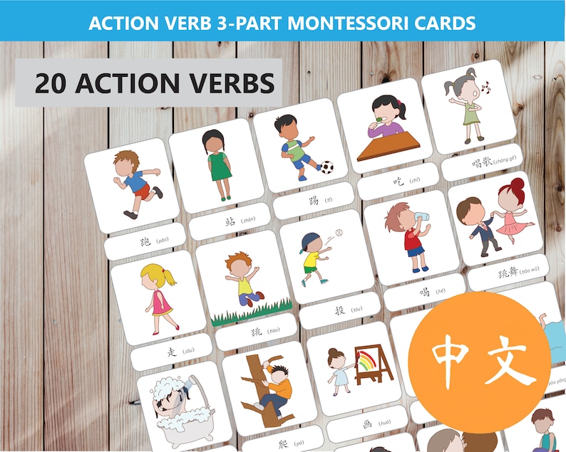 Chinese Action Verbs 3-part Montessori Cards, 20 Printable Chinese ...