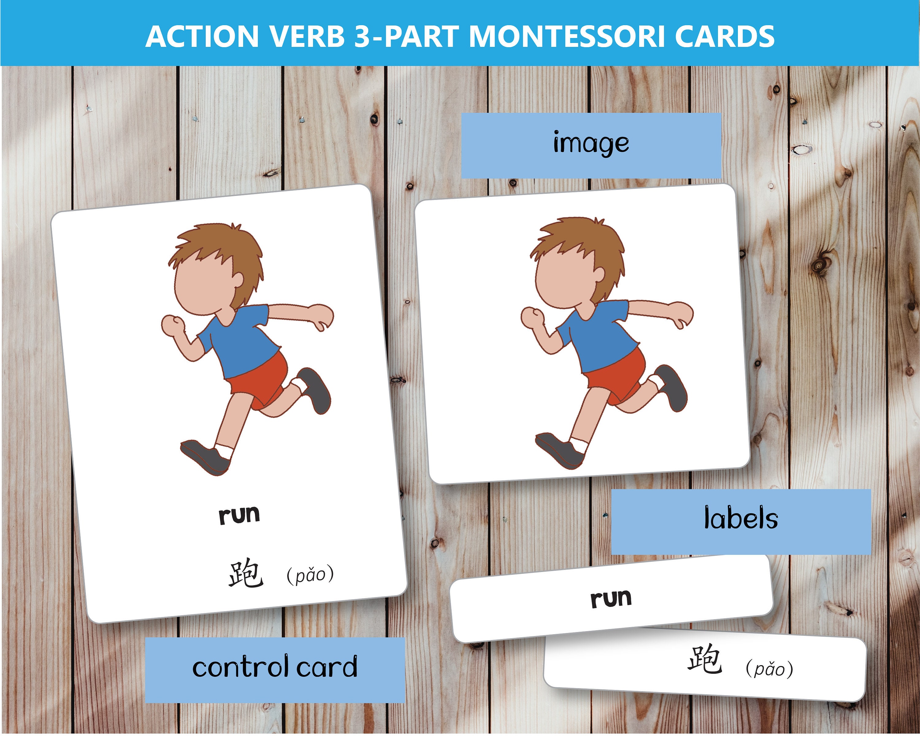 Action Verbs 3-part Montessori Cards in Bilingual Chinese English, 20 ...