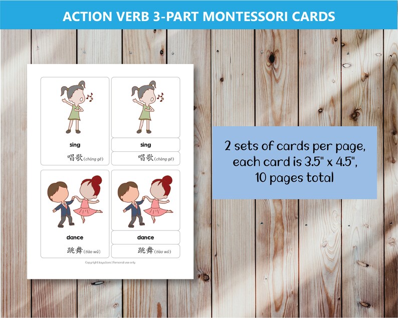 Action Verbs 3-part Montessori Cards in Bilingual Chinese | Etsy