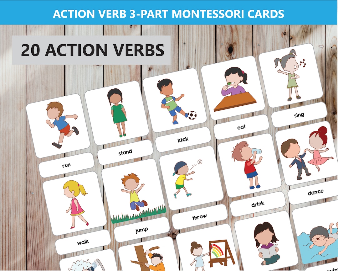 Action Verbs 3-part Montessori Cards, 20 Printable Flashcards for ...