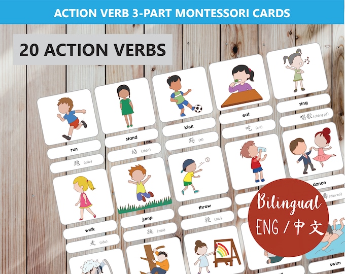 Chinese Action Verbs 3-part Montessori Cards, 20 Printable Chinese ...