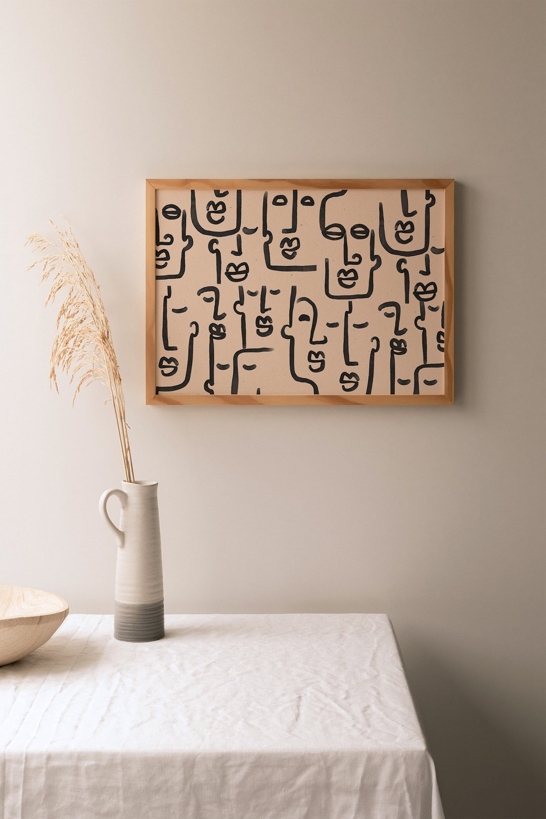 Faces Wall Art, Black and Beige Horizontal Print, Neutral Abstract Art ...