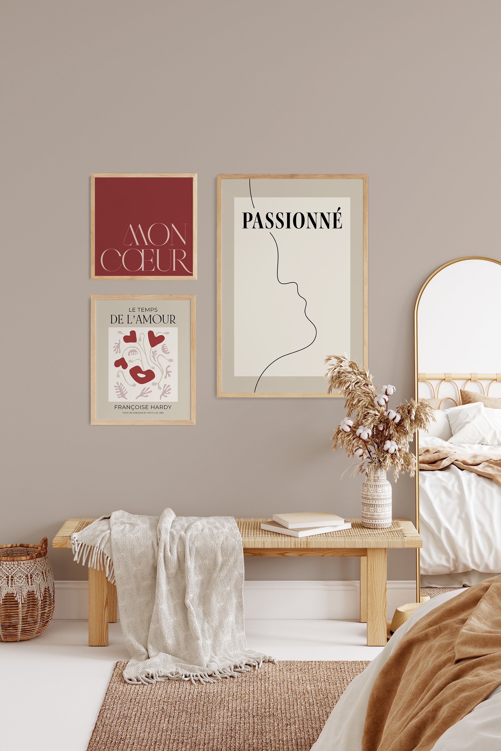 Pink and Red Wall Art, Square Print Typographic, Red Poster, Mon Coeur ...