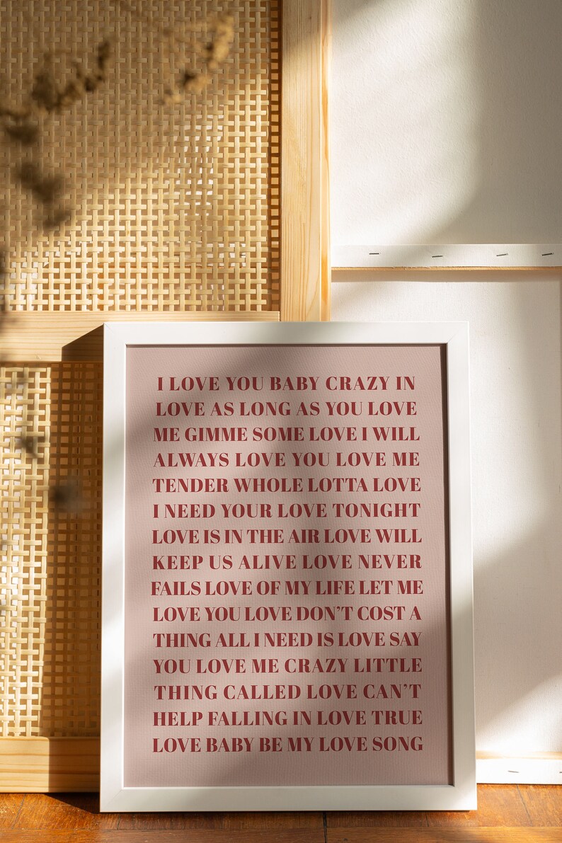 Valentine's Day Decor Printable Love Song Quotes, Pink and Red Wall Art ...