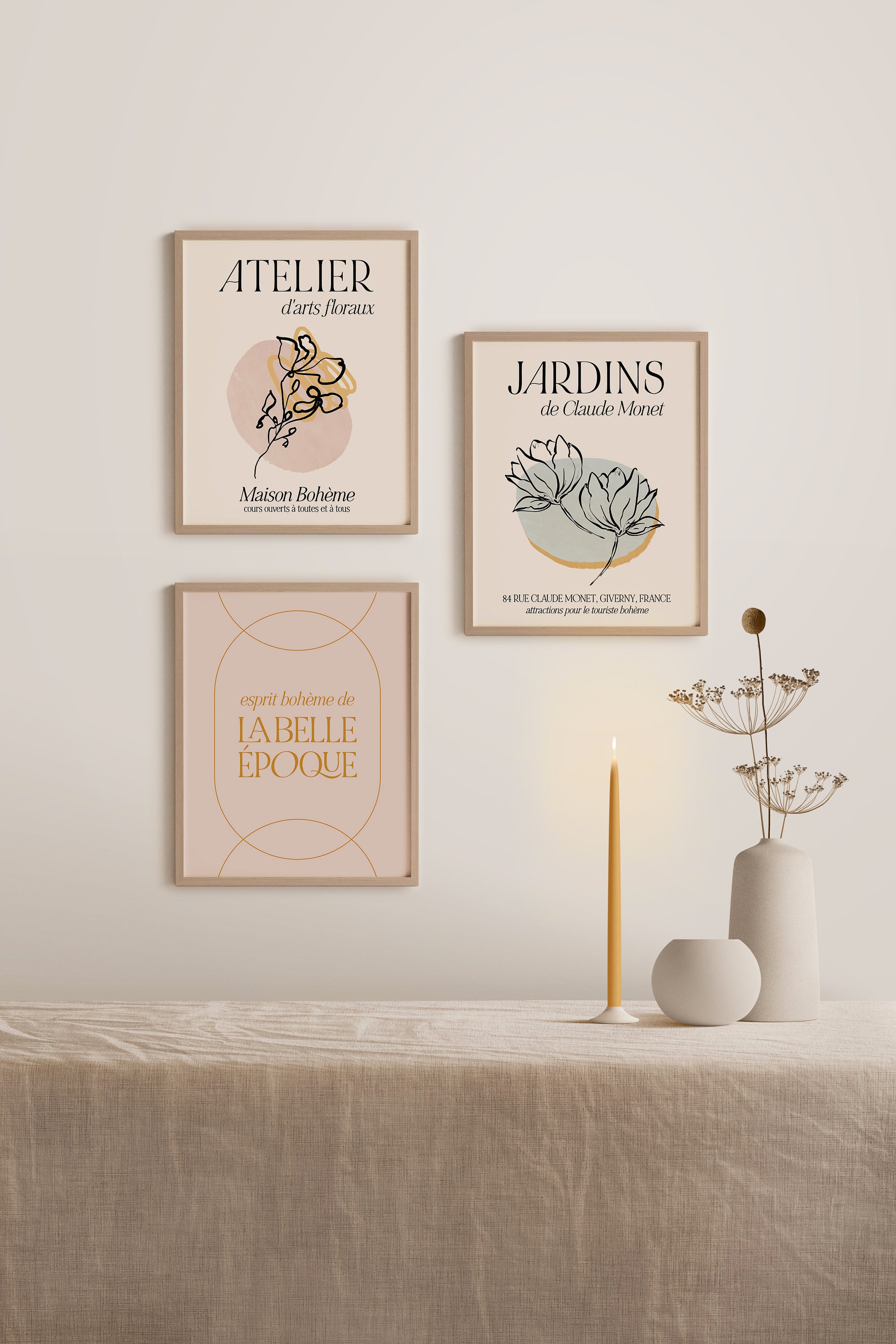 Set of 3 French Prints Pastel Gallery Wall, Printable Exhibition ...