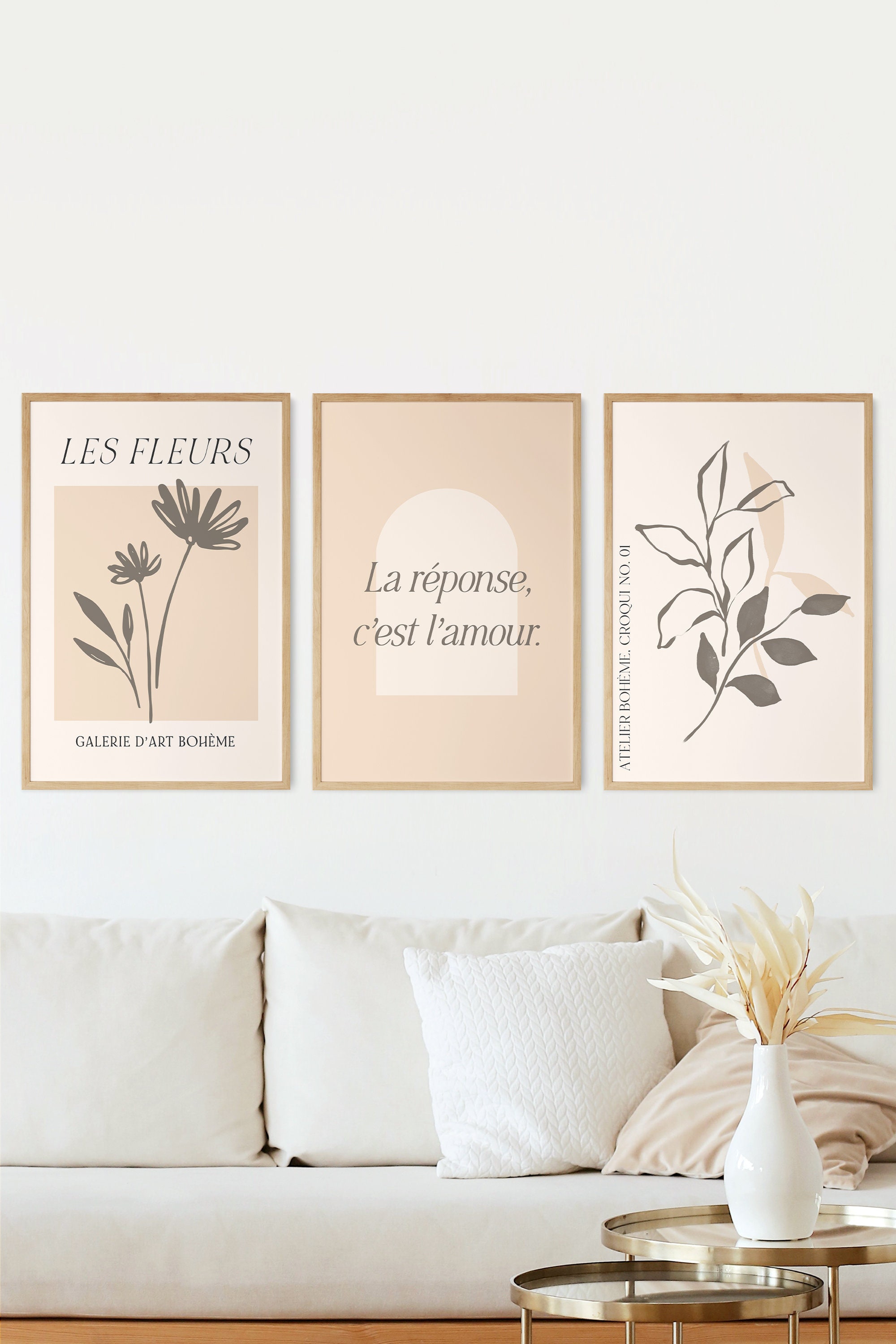 3 French Prints Beige Gallery Wall Art Romantic, Neutral Botanic Fleurs ...