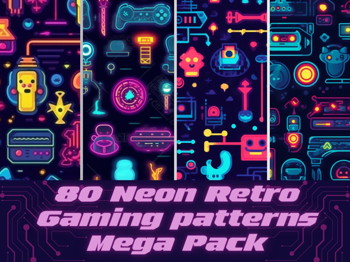 Neon Retro Gaming Patterns – 80s Style Digital Paper Pack (digital ...