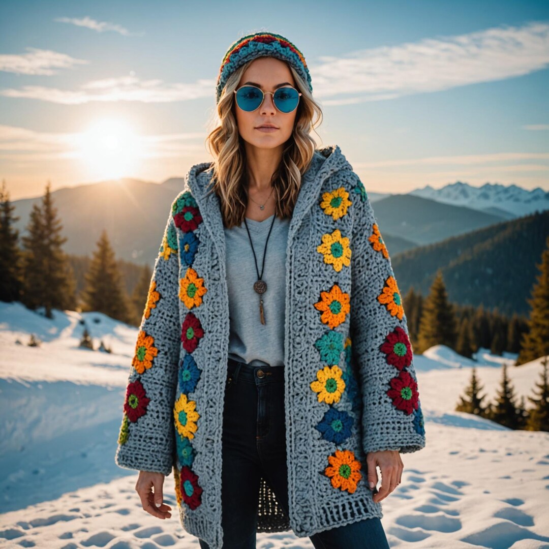Women's Crochet Winter Jacket Warm Handmade Loose Granny Square ...