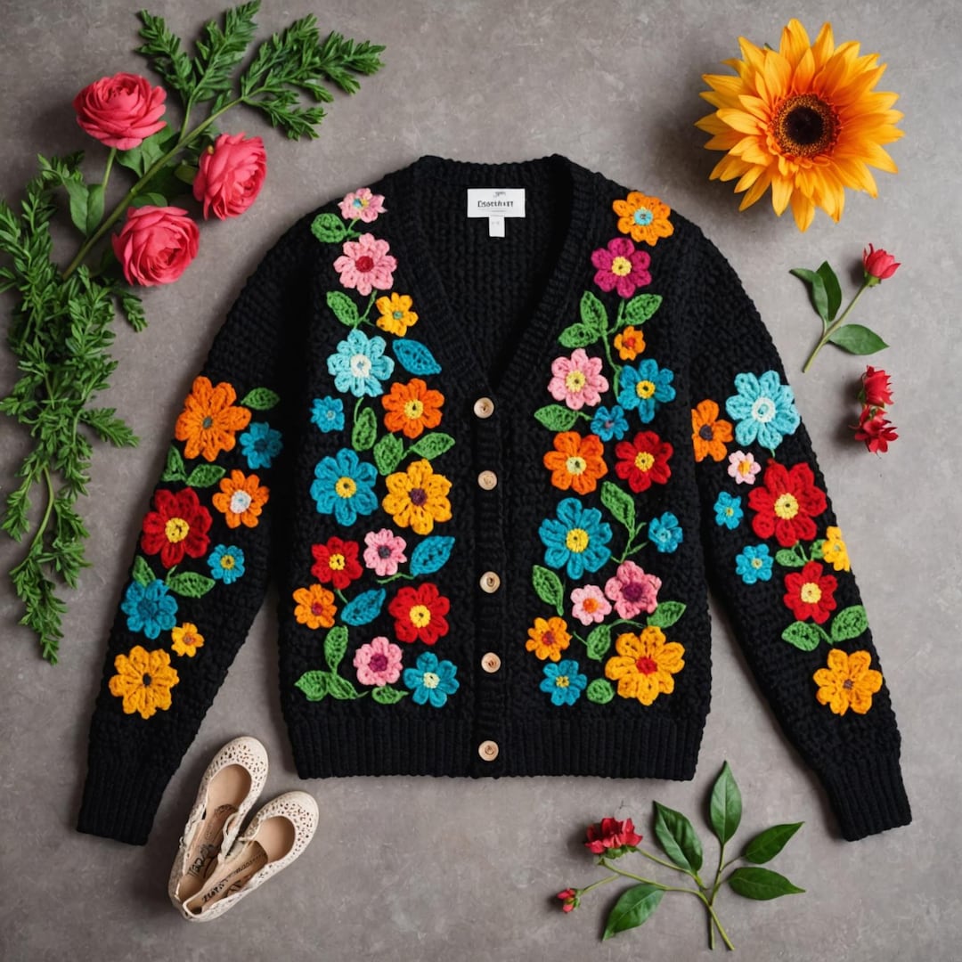 Women Crochet Top Custom Made Sweater Black Jacket Coat for Winter Cute ...