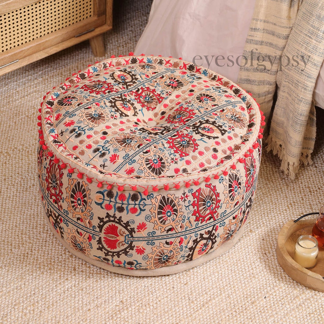 Orange Stuffed Ottoman Pouf Storage Stool Embroidered Pouf Ottoman ...