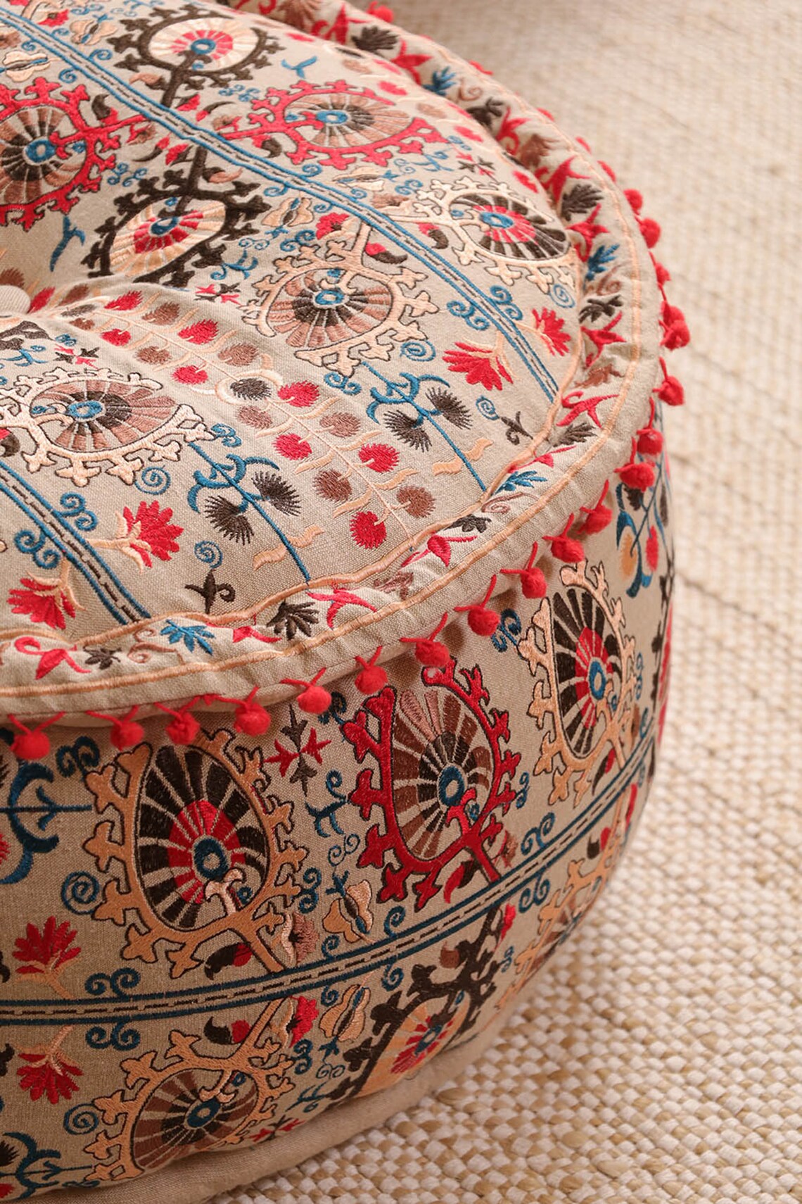Orange Stuffed Ottoman Pouf Storage Stool Embroidered Pouf Ottoman ...