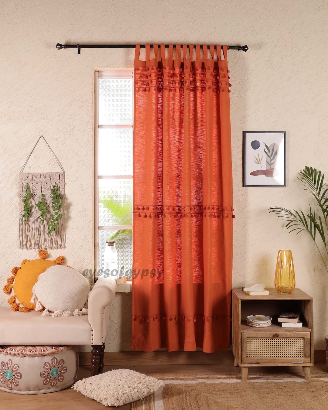 Boho Organic Cotton Drapery Burnt Orange Curtain Semi Sheer Curtains ...