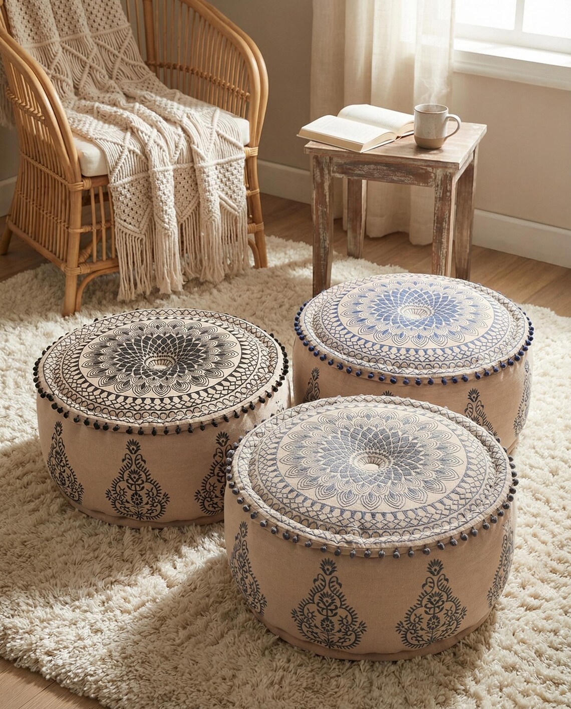 Black Handmade Round Ottoman Pouf, Embroidered Indian Floor Seat, 22 ...
