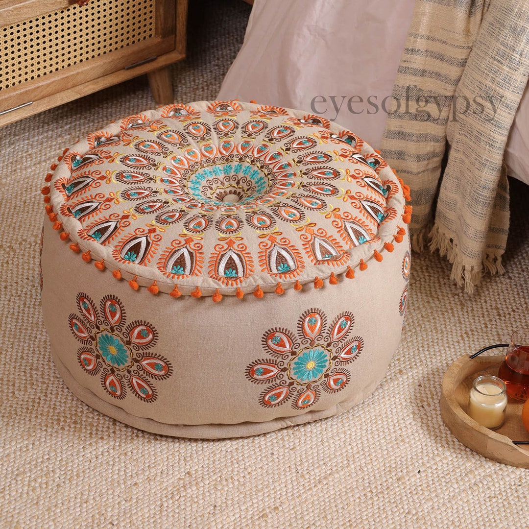 Rust Ottoman Pouf Indian Embroidery Handmade Pouf Footstool Christmas ...