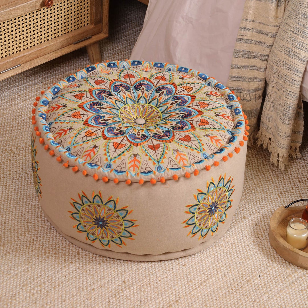 Green Handmade Floral Ottoman Cover Round Shape Footstool Cover Sofa ...