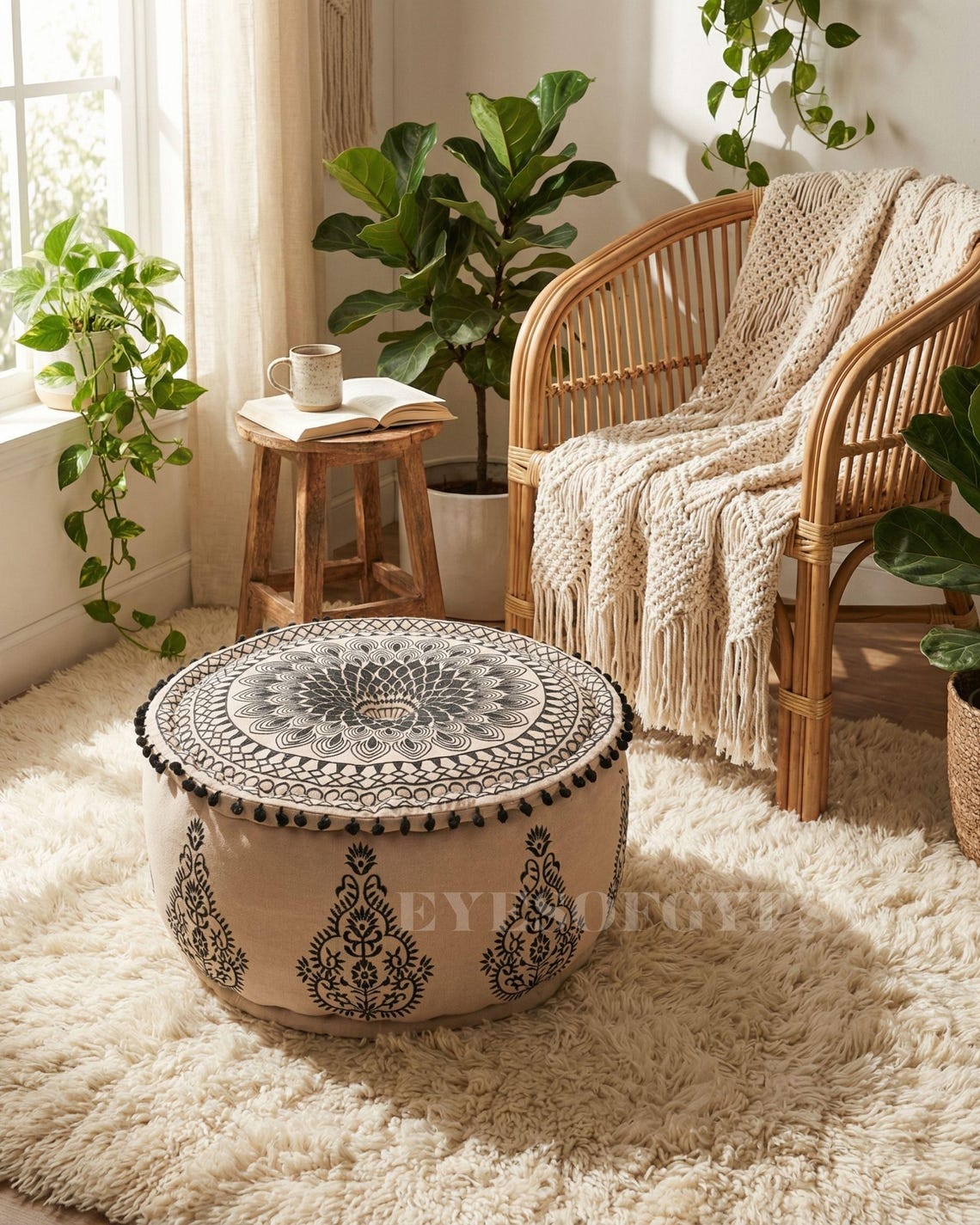 Black Handmade Round Ottoman Pouf, Embroidered Indian Floor Seat, 22 ...