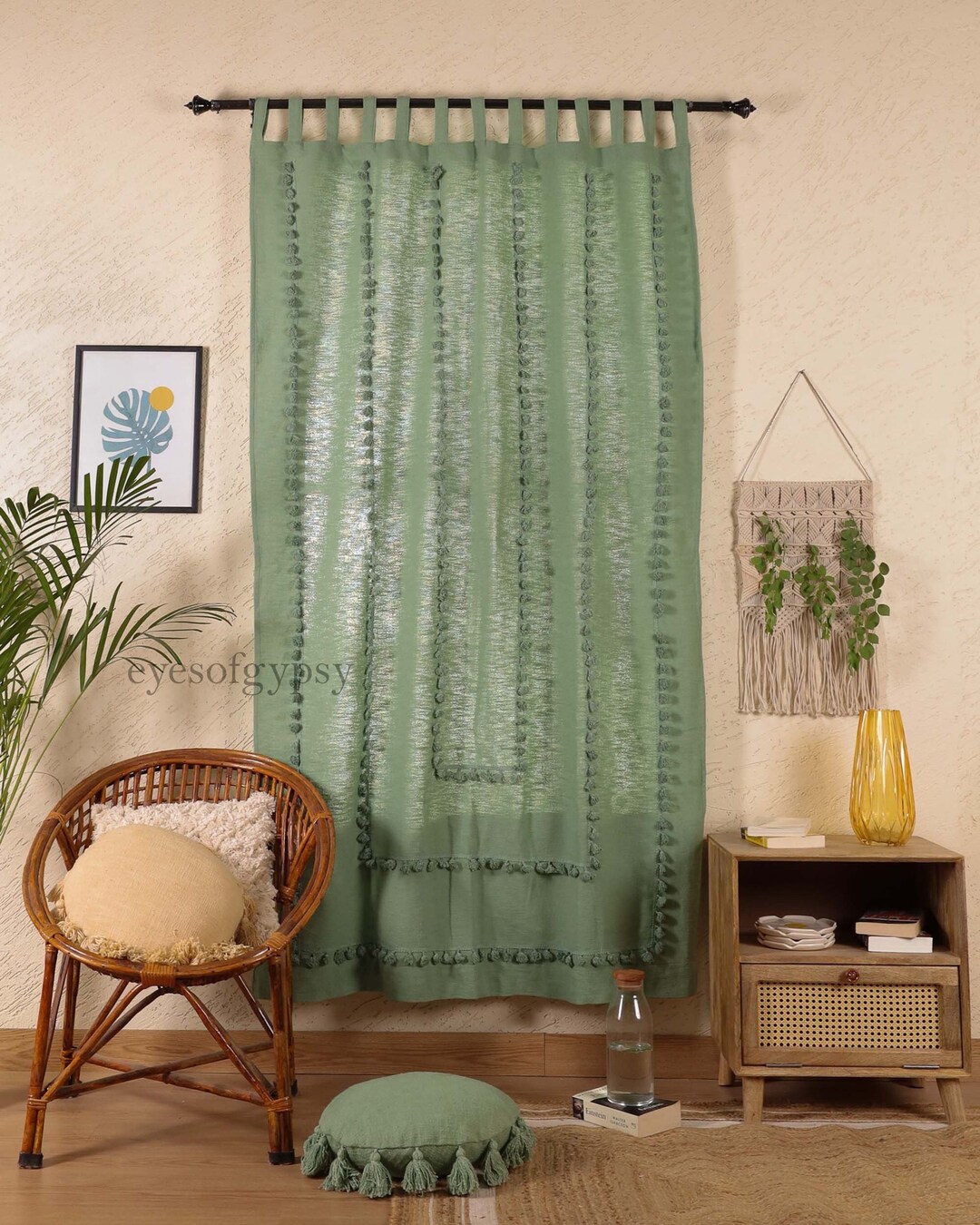 Sage Green Fringed Curtains Boho Semi Sheer Curtains Kitchen Curtains ...
