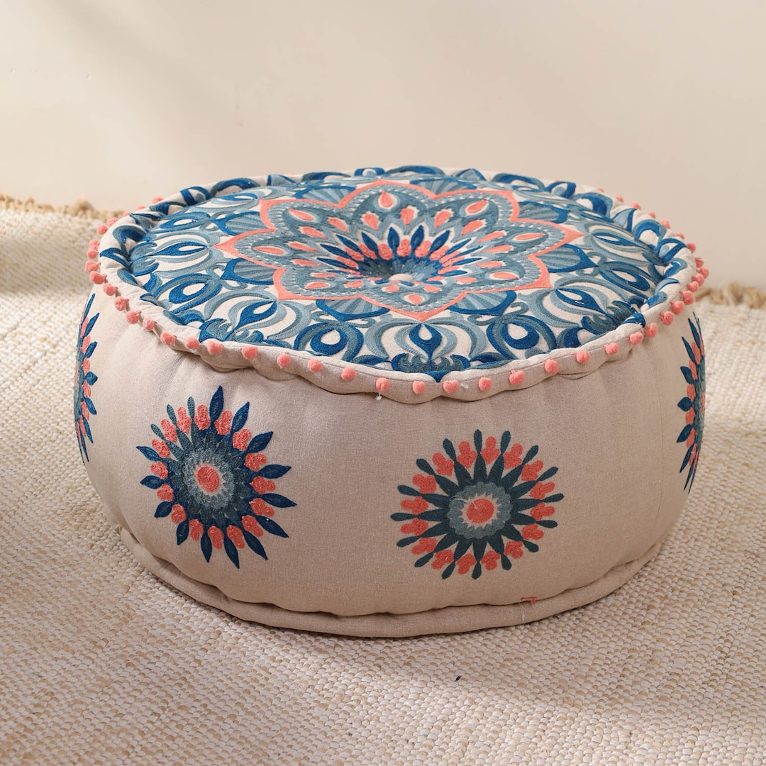 Blue Mediation Futon Embroidered Ottoman Pouf Indian Handmade Pouf ...