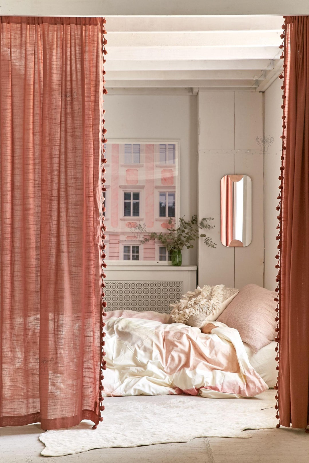 Rust Handmade Curtains Pom Poms Window Curtain Personalized - Etsy