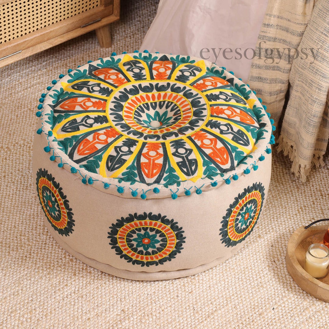 Gold Ottoman Pouf, Indian Embroidery Handmade Pouf Footstool, Christmas ...