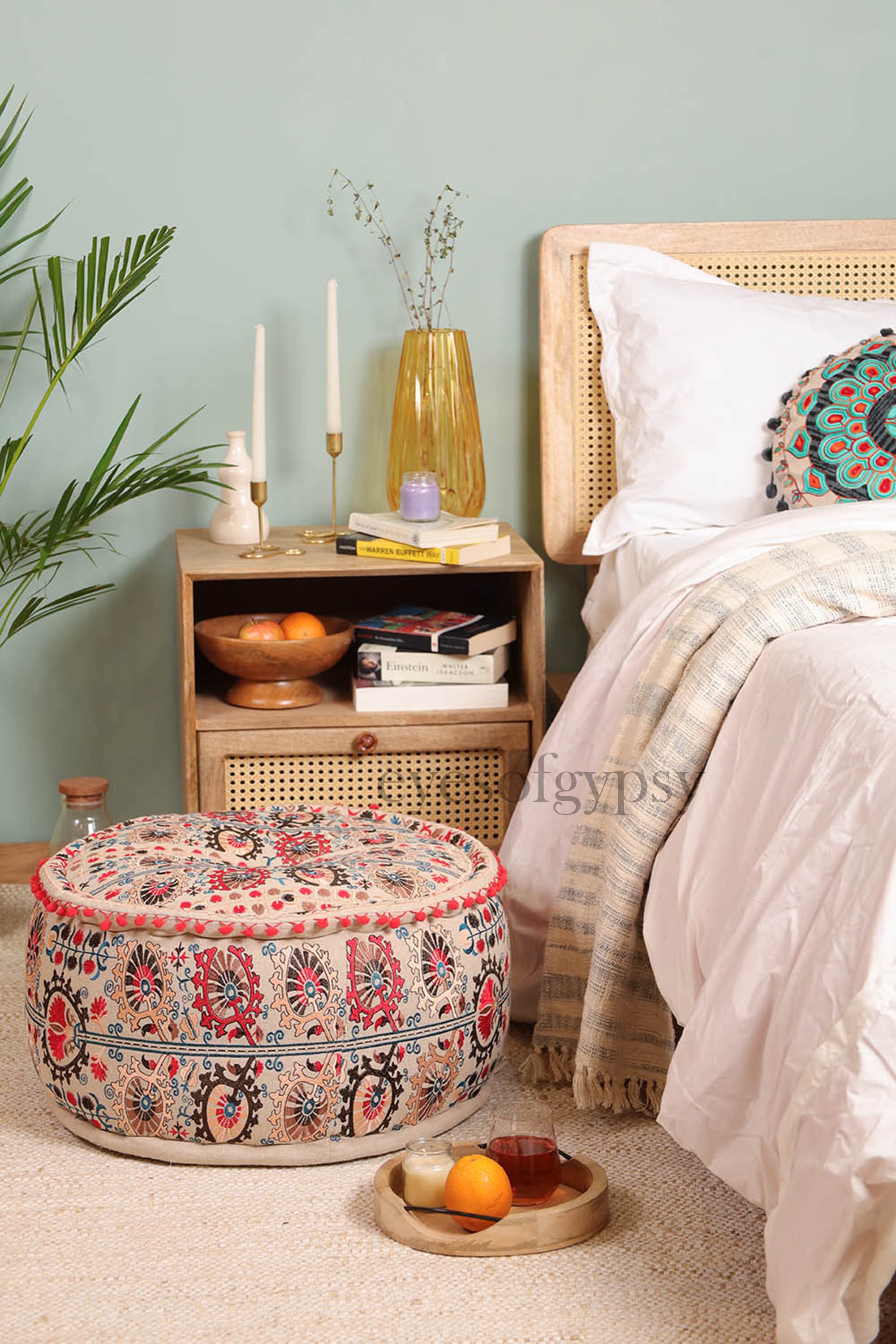 Orange Stuffed Ottoman Pouf Storage Stool Embroidered Pouf Ottoman ...