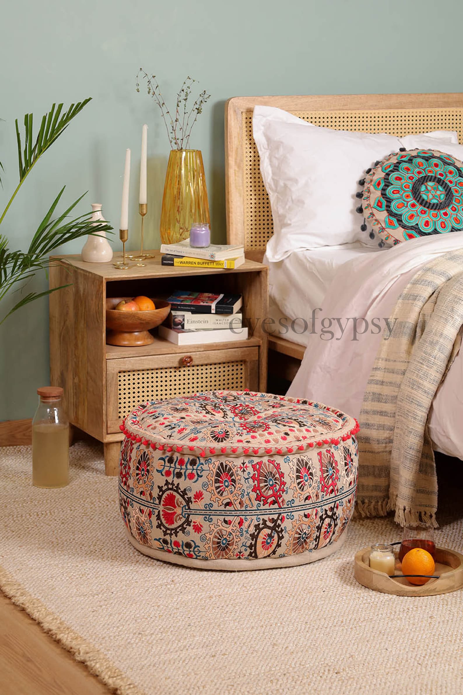 Orange Stuffed Ottoman Pouf Storage Stool Embroidered Pouf Ottoman ...
