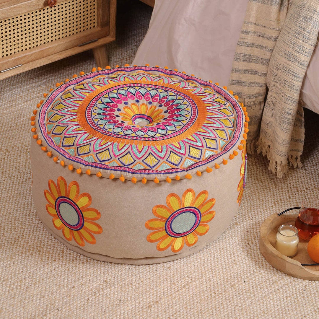 Orange Stuffed Ottoman Pouf Storage Stool Embroidered Pouf Ottoman ...