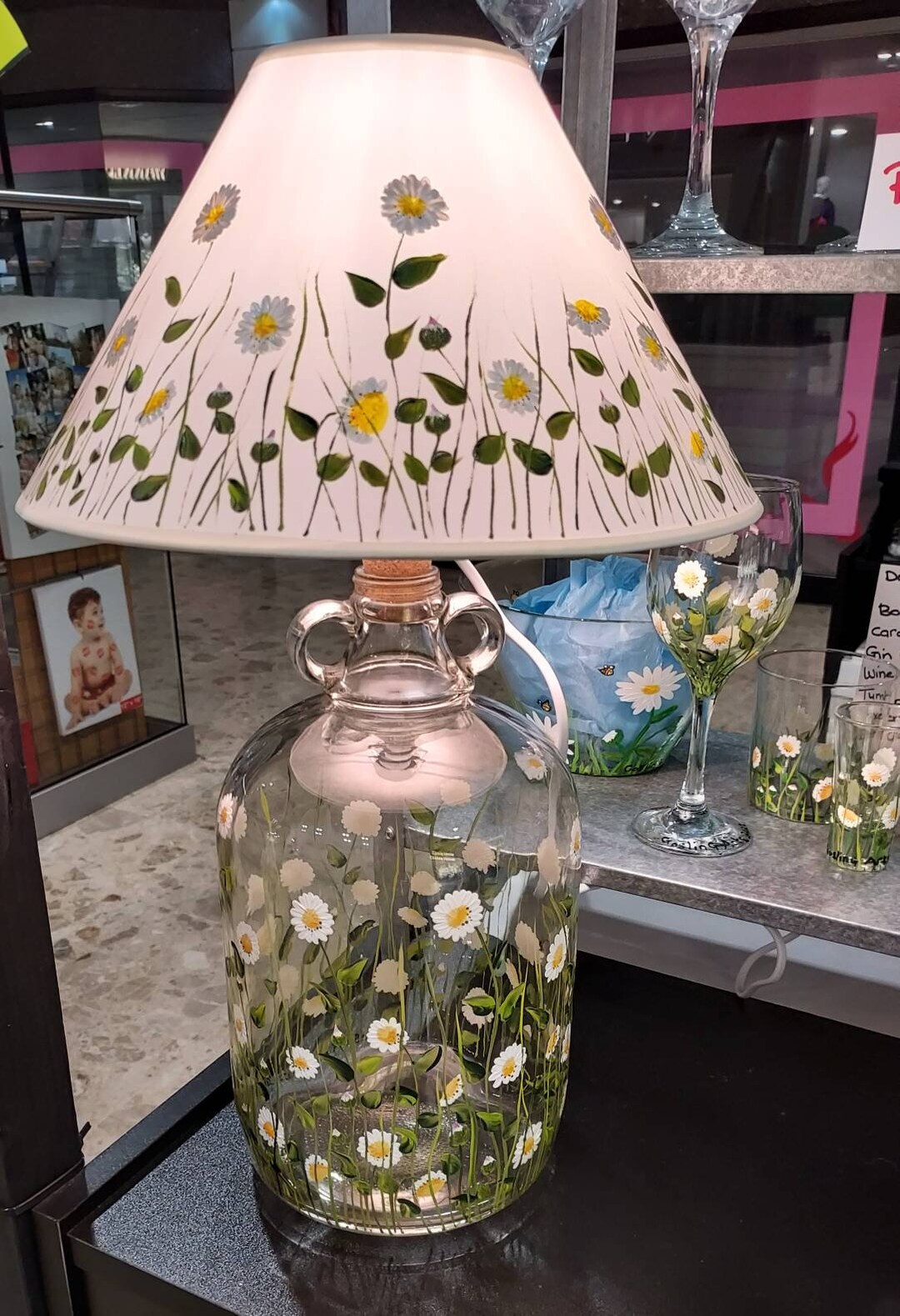 Beautiful Hand Painted Lamp Made From a Demijohn. Daisy Design on the ...