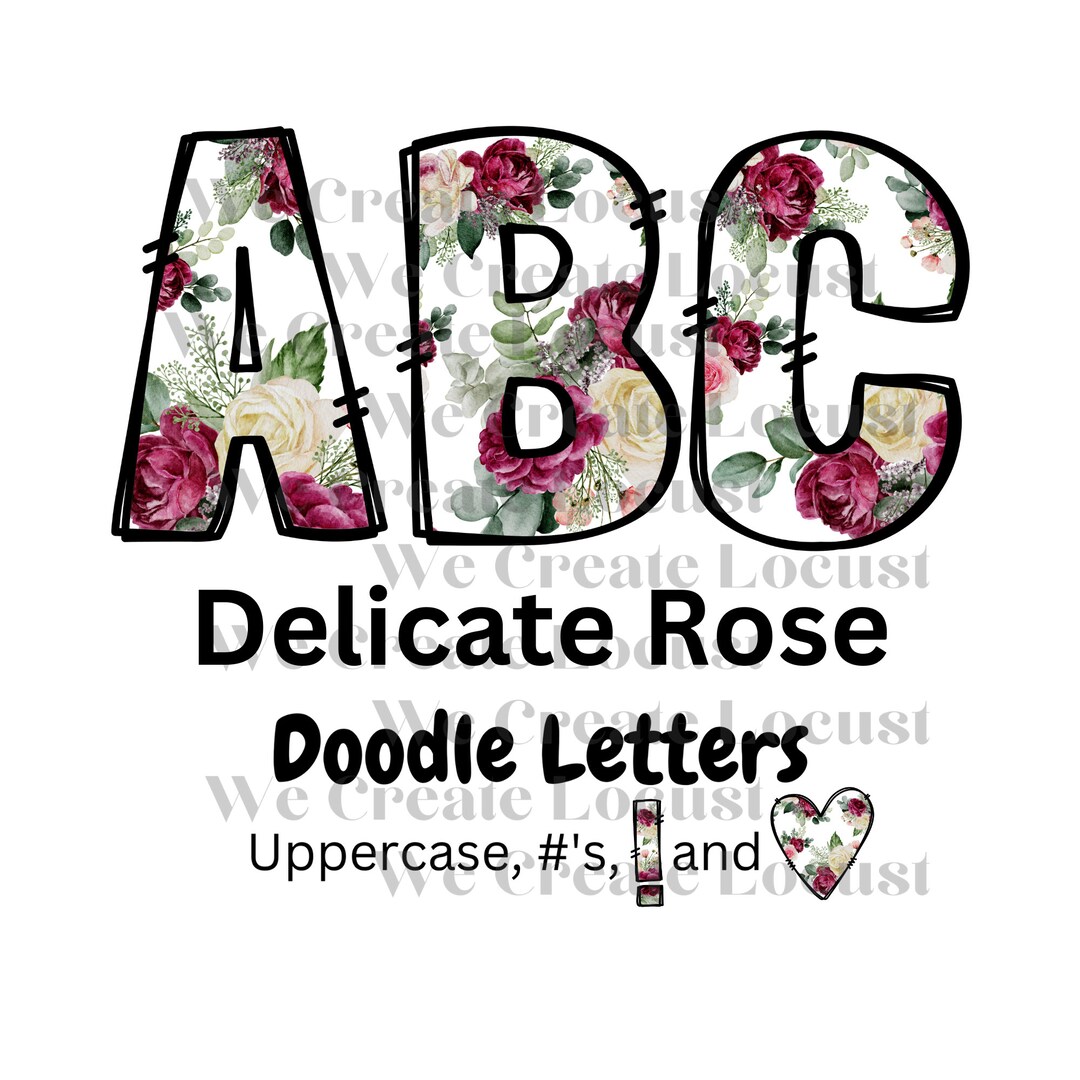 Rose Letters Doodle Alphabet Numbers Heart Delicate Rose Flower Set by ...