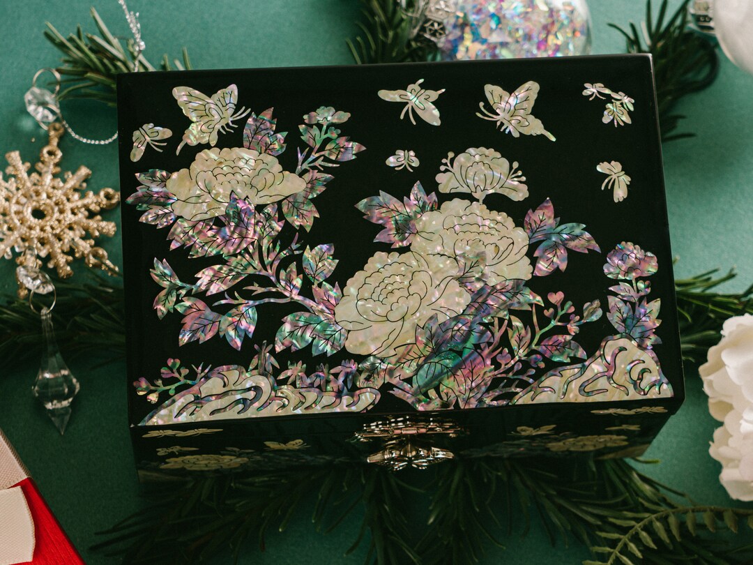February Mountain Jewelry Organizer Box for Women With Mirror Lid Peony ...