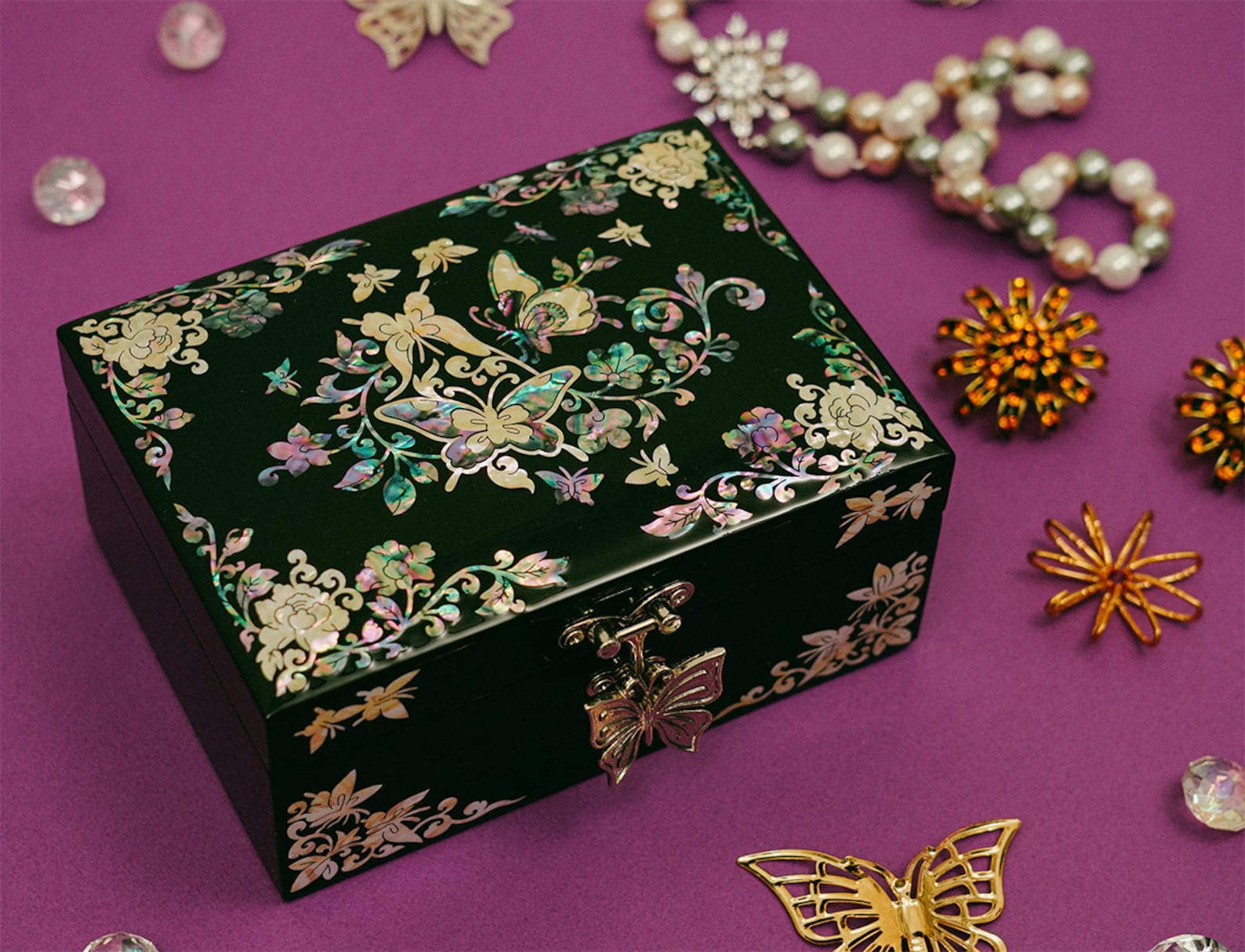 FEBRUARY MOUNTAIN Mother of Pearl Box With Ring Tray Butterfly Lover ...