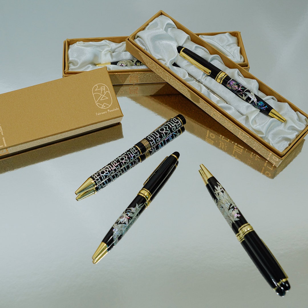 February Mountain Mother of Pearl Ballpoint Pen Set Handmade Unique ...