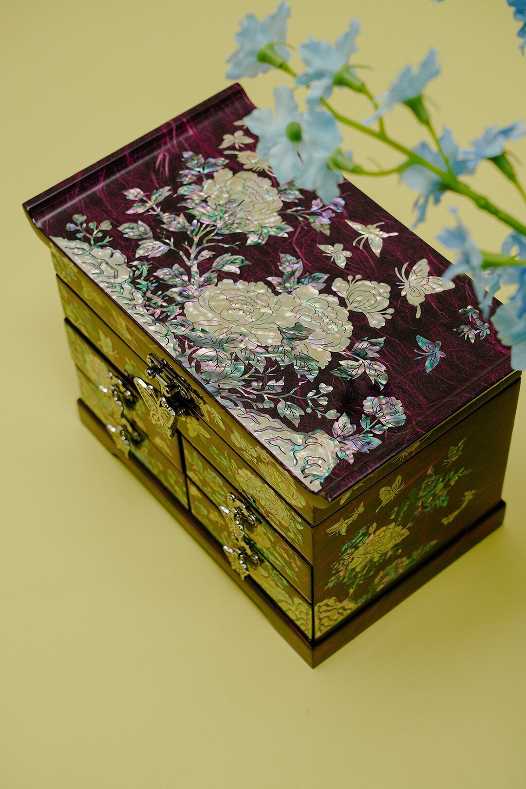 February Mountain Mother of Pearl Wooden Purple Jewelry Organizer Box ...