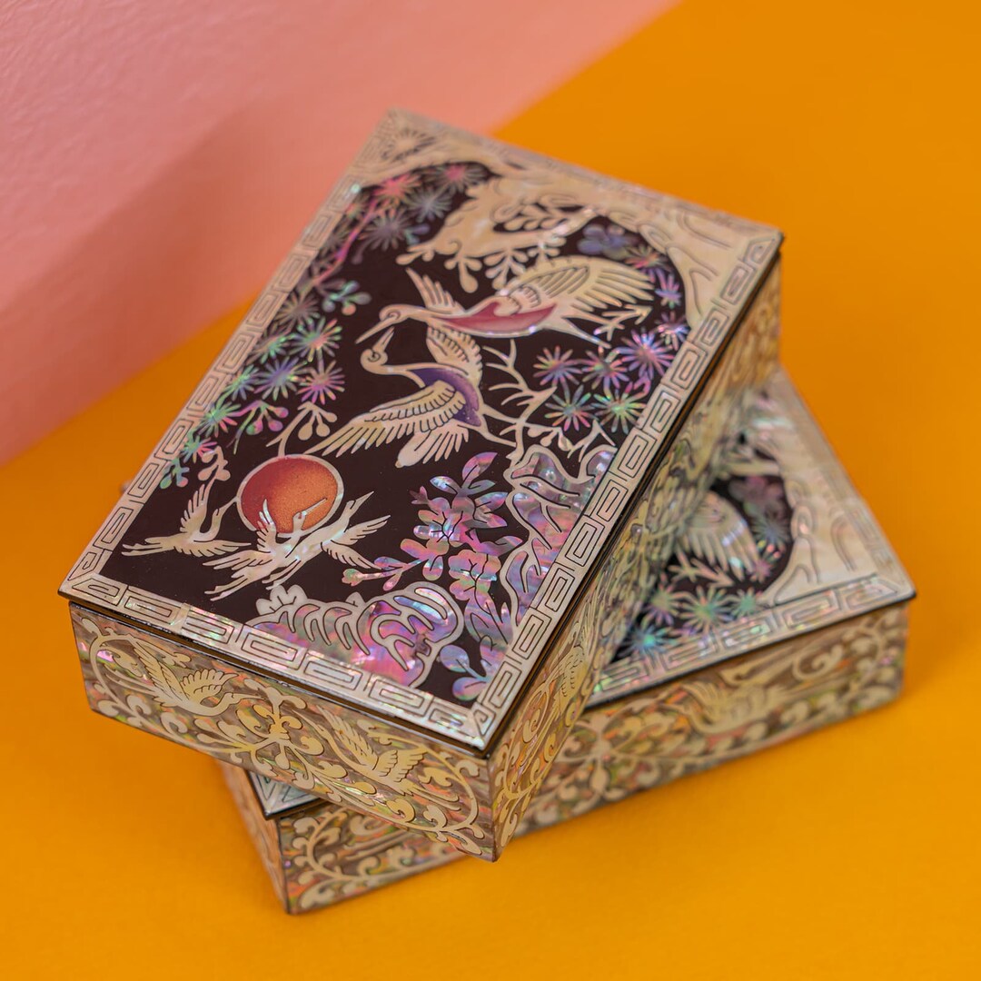 February Mountain Mother of Pearl Crane Box Organizer for Business ...