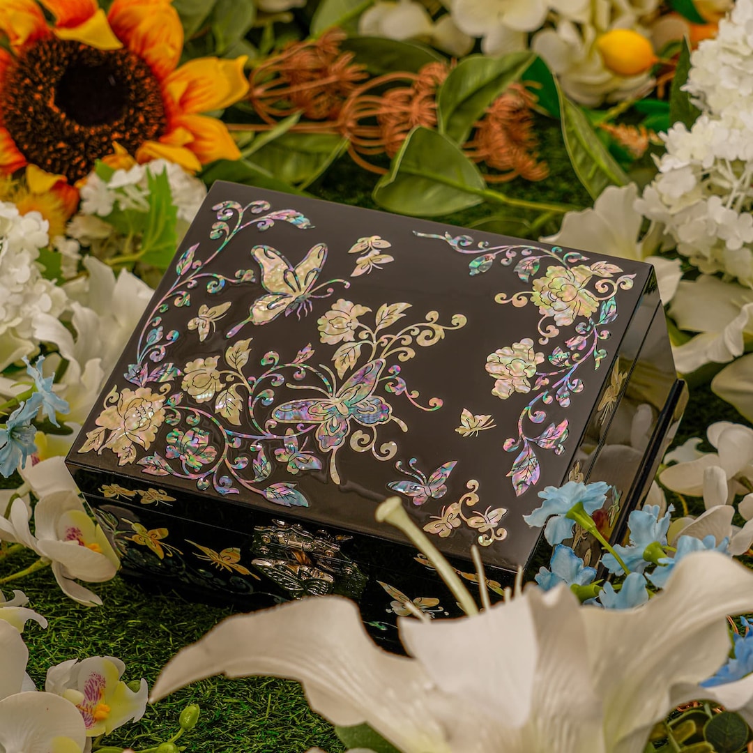 February Mountain Mother of Pearl Butterfly Jewelry Box - Two Layer ...