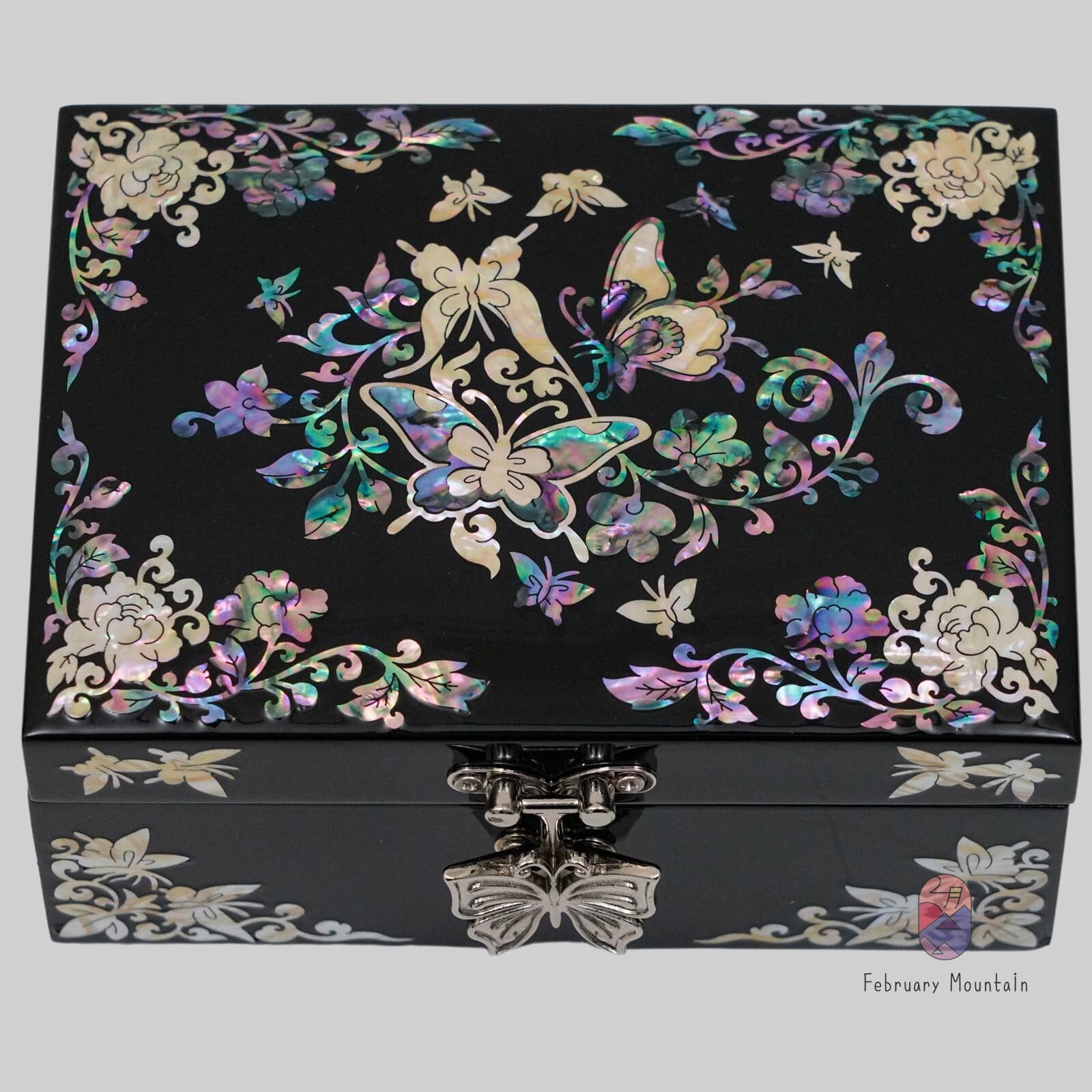FEBRUARY MOUNTAIN Mother of Pearl Box With Ring Tray Butterfly Lover ...